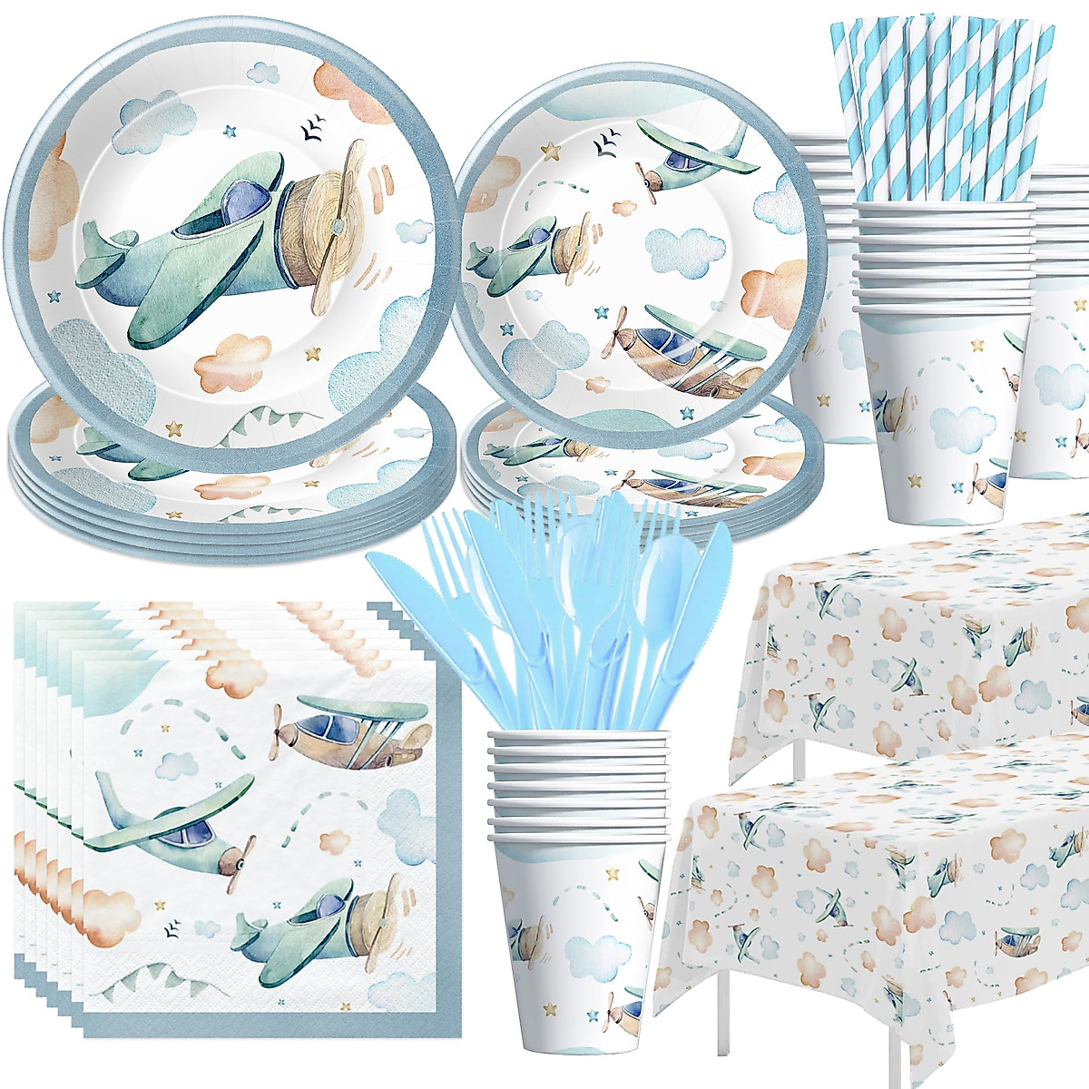 HIPVVILD Airplane Party Decorations Tableware - Airplane Birthday Party Supplies, Paper Plate, Cup, Napkin, Tablecloth, Cutlery, Airplane Theme Birthday Baby Shower Decorations Dinnerware | Serve 24