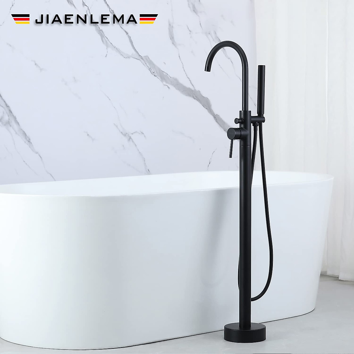 Free Standing Tub Faucet Matte Black Freestanding Bathtub Faucet with Sprayer High Flow Floor Mount Tub Filler with Hand Shower Bathroom Standing Floor Faucet Brass, Single Handle - JIAENLEMA