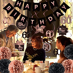 BRT Bearingshui Happy 60th Birthday Hanging Swirls Streamers Decoration Set, Happy Birthday Banner with Tissue Pompoms, Rose Gold and Black 60 Years Old Birthday Party Hanging Backdrop Decorations