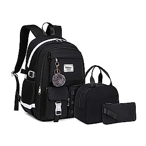 Wadirum Women Casual Backpack Set Girl School Bookbag Set Cute Laptop Ruaksack Black
