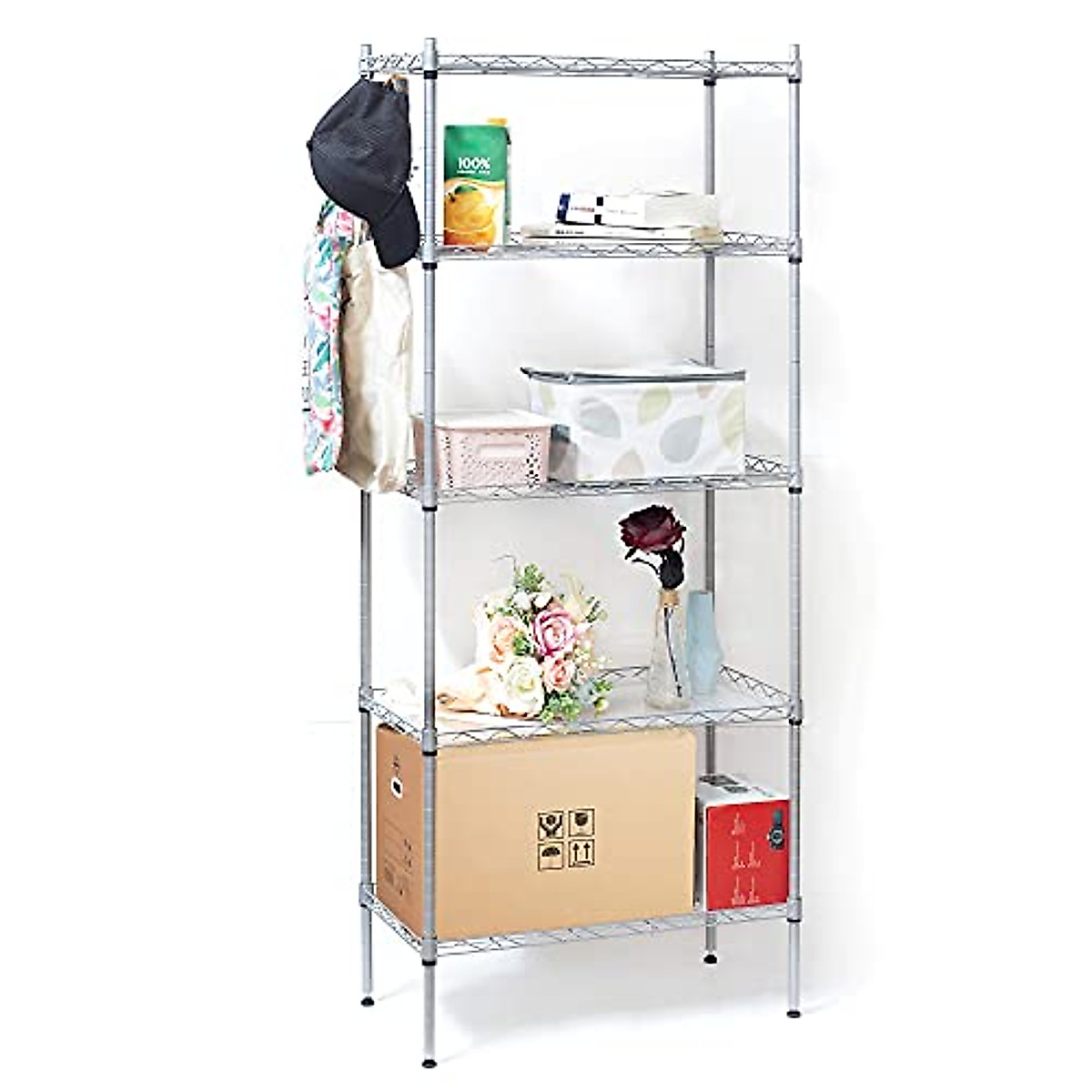 OSGP 5 Shelf Storage Rack Heavy Duty Metal Organizer Storage Shelf Adjustable Wire Rack Steel Organizer with Leveling Feet, Hooks and Wire Shelf Liners, Silver(23.6L x 12.6W x 59.1H)