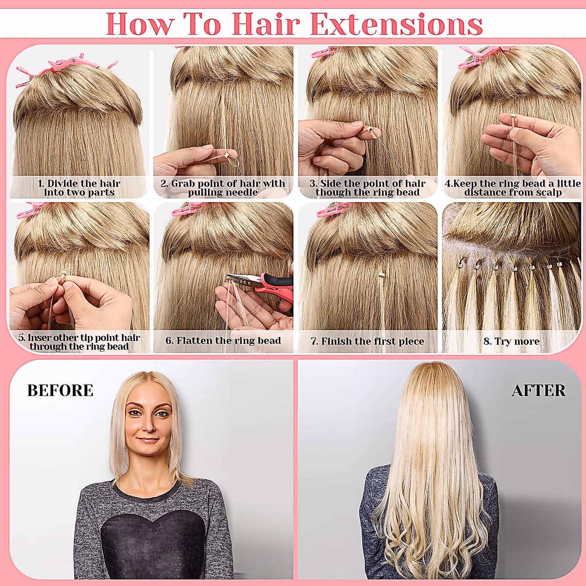 16 Pcs Hair Extension Tool Kit Remove Pliers 2500 Micro Silicone Rings Bead Pulling Hook Needle Loop Needle Threader 2 Combs 500 Black Mini Rubber Bands 5 Plastic Clips for Hair Styling Tool Accessory