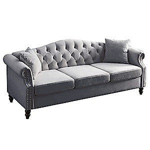 kevinplus 79" Velvet Chesterfield Sofa for Living Room, Modern Upholstered Tufted 3 Seater Sofa Tufted Couch with Rolled Arms and Nailhead for Living Room Bedroom Office Apartment, 2 Pillows, Grey
