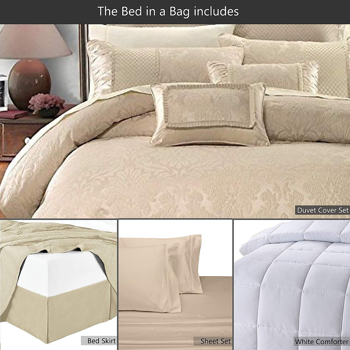 13-PC California King Size, SARA Bed in a Bag Including: Beige Duvet Cover Set+ 100% Cotton Sheet Set+ Bed Skirt+ Down Alternative Comforter