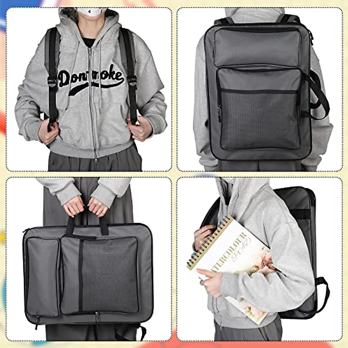 2 Pcs Art Portfolio Case, Art Portfolio Bag 16 x 18 Inch, Art Bag Organizer Backpack with Handle for Kids Artwork Children Drawing Lesson, Sketchbook Drawing Pencil Case Poster Board Project, Gray