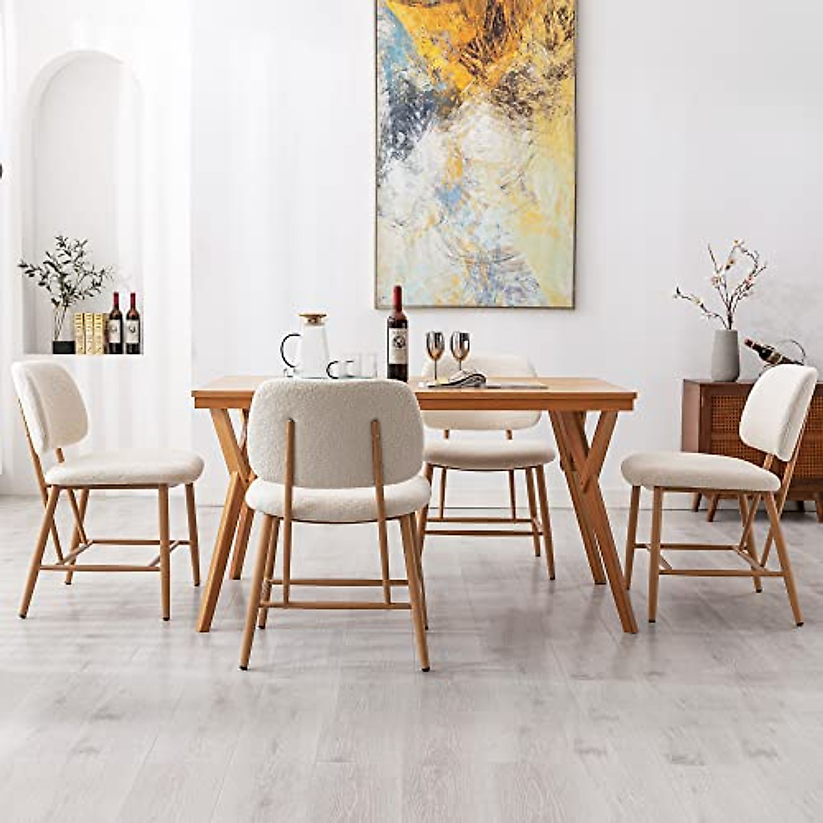 ONEVOG Modern Accent Chair, Ivory White Upholstered Dining Chairs Set of 2, Short Plush Fabric, Armless Dining Chair with Backrest, Sherpa Chair for Dining Room, Living Room, Wood Grain Metal Legs