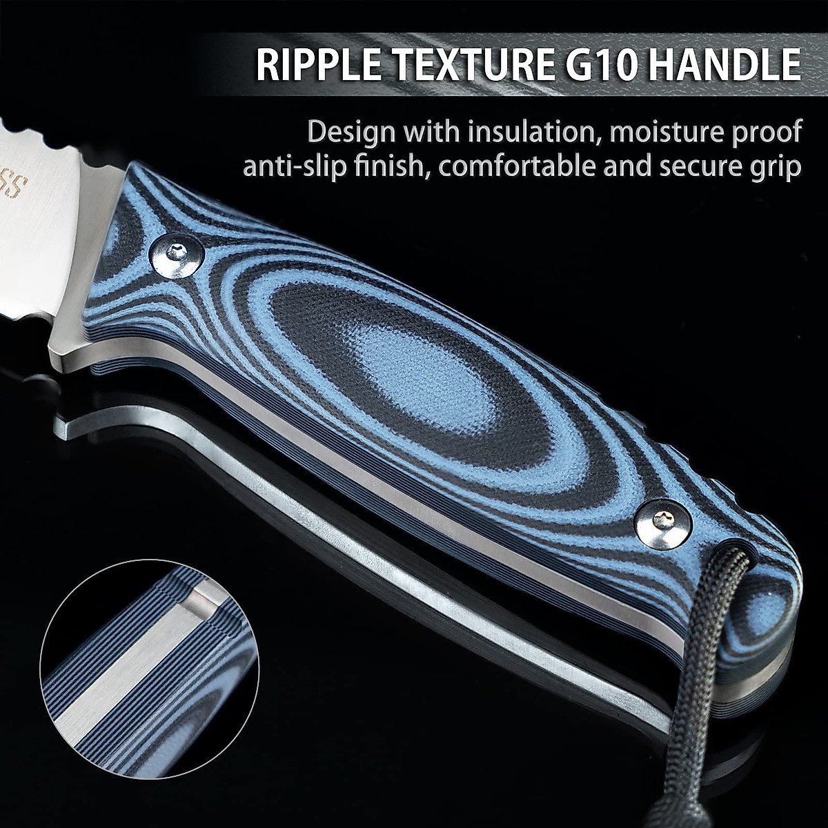 NedFoss Hyenas Bushcraft Knife with Fire Starter, 3.5" 440C Steel Camping Knife with Kydex Sheath, Blue G10 Handle for Outdoor, TAC, Gift