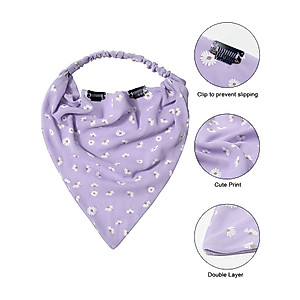 AWAYTR Elastic Hair Scarf Headband - 3 PCS Print Floral Hair Scarves with Hair Clips Kerchief Head Bandanas for Women (White/Beige/Purple)