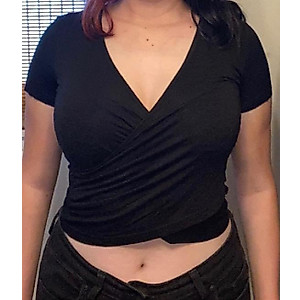 VETIOR Sexy Tops for Women Deep V Neck Short Sleeve Sexy Shirts for Women Cross Wrap Slim Fit Cute Crop Tops for Teen Girls S Black