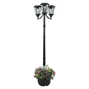Sun-Ray 312016 Avalon 3-Head Solar Lamp Post and Planter, 7 ft, Black, Batteries Included