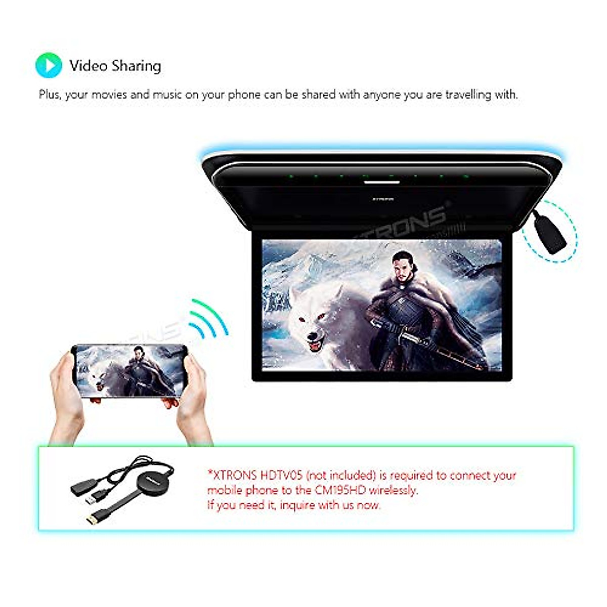 XTRONS 19.5 Inch Car Overhead Player 16:9 Wide Screen 1080P Video Car Roof Mount Monitor Ultra-Thin Flip Down Overhead Car Monitor Supports IR, HDMI, USB, AV Input, Stereo Speakers