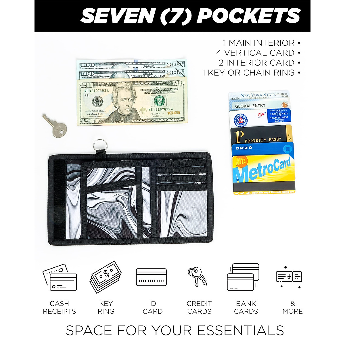 Fydelity 80's RFID Blocking Wallet - Mens and Women's RFID Wallet for Cards and Cash Bifold Hook & Loop Wallet Retro Wallets Men Women, Girls and Boys Wallet BLACK SLICK