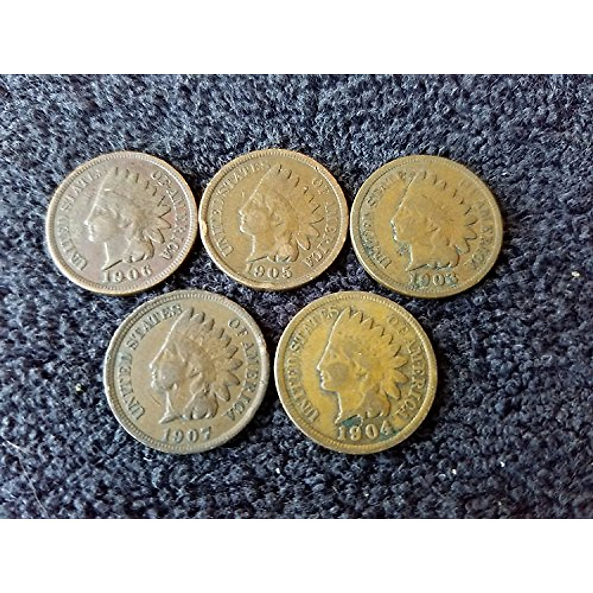 1900 No Mint Mark thru 1909 Various Indian Head Pennies Set of 5 coins all Different Dates - in Gift Bag Indian Head Good and Better (1c) Seller Genuine