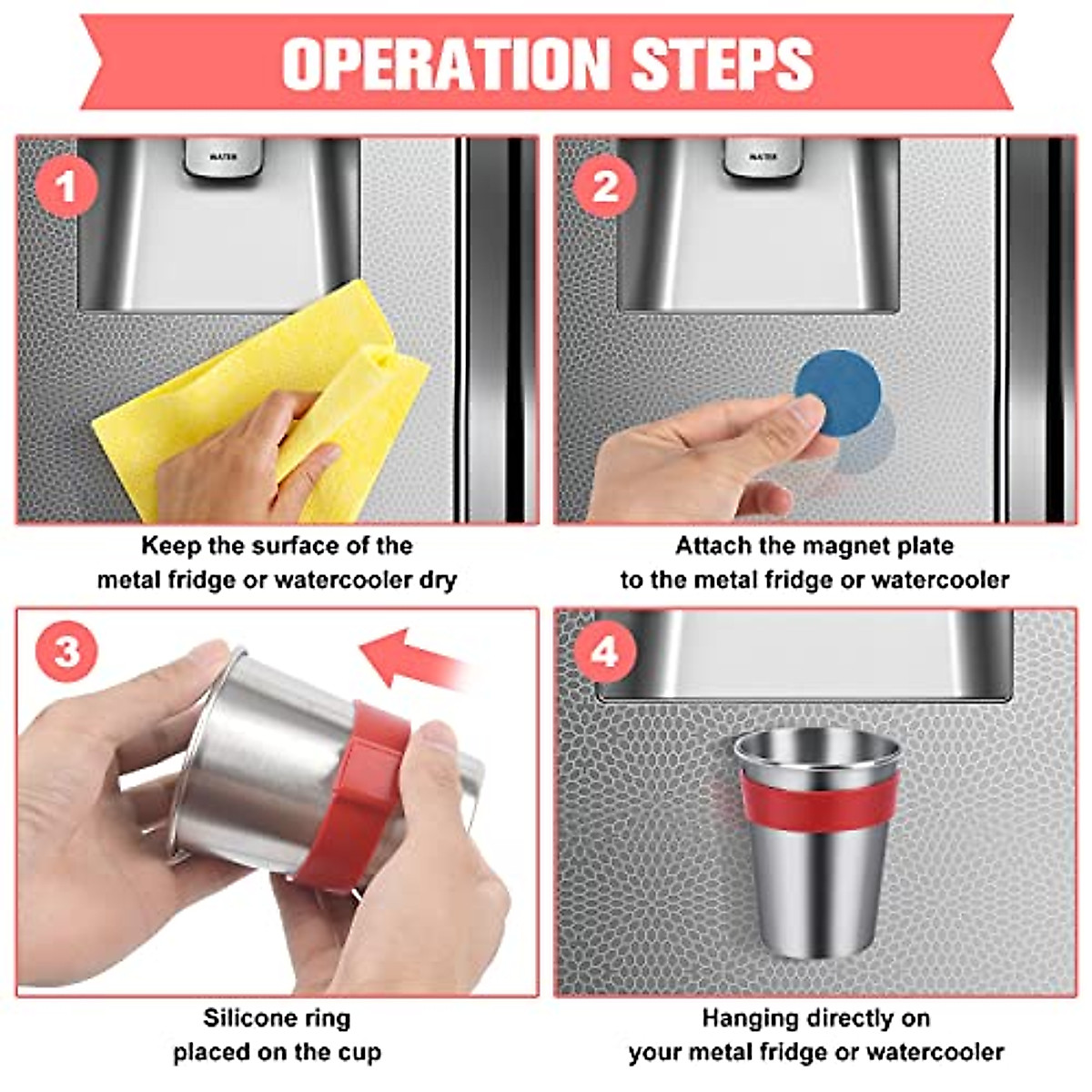 Wownnic Magnetic Cups for Fridge- Magnetic Hanging Cups for Kids- Stainless Steel Cups with Magnetic Cup Holder- 12 Oz Kids Cups Hanging on Fridge or Water Coolers