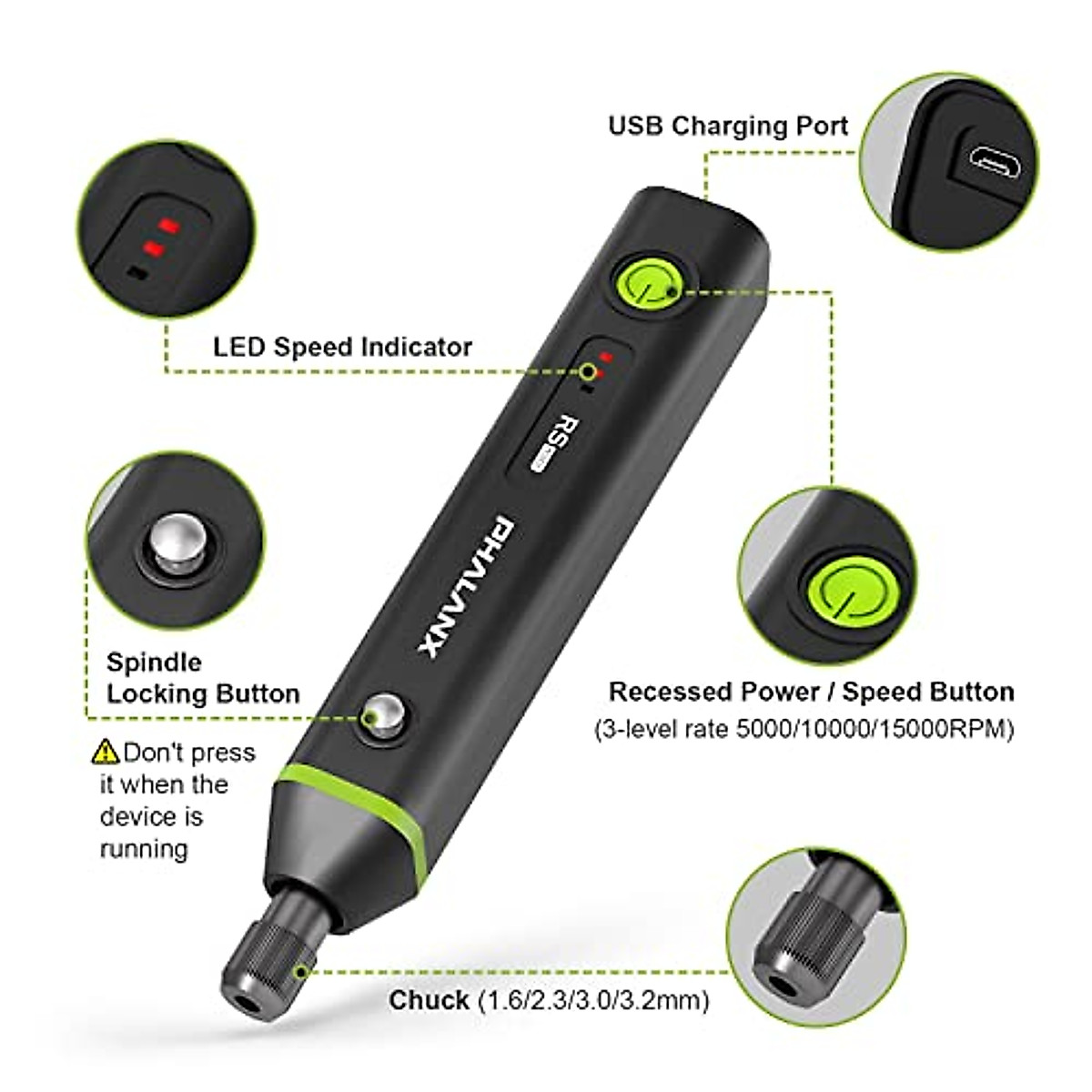 PHALANX Cordless Rotary Tool 3.7V Square Power Rotary Tool with 60 Accessories, 3-Speed and USB Charging Rechargeable Multi-Purpose Power Tool for Sanding, Polishing, Drilling, Engraving, DIY Crafts…