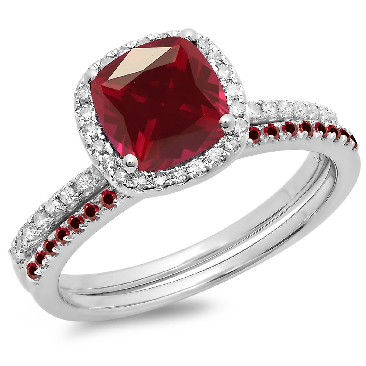 Dazzlingrock Collection Cushion & Round Ruby & Round White Diamond Wedding Ring Set in 18K White Gold, Size 4.5