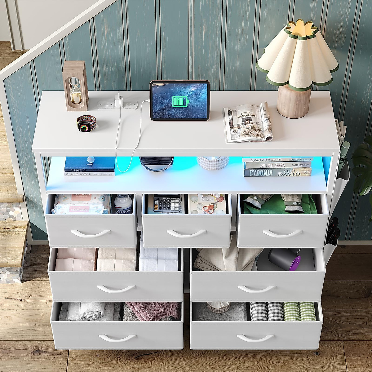 CollaredEagle 7 Drawer Dresser with Charging Station, TV Stand Fabric Storage Tower for Bedroom,Storage Drawers with LED, Wooden Top for TV up to 43 inch, for Bedroom, Living Room, Entryway, White