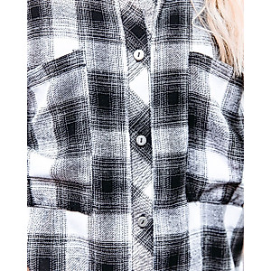 Paintcolors Women's Plaid Button Down Shirts Long Sleeve Blouses Flannel Oversized Tunic Tops with Pockets - Black-White XL