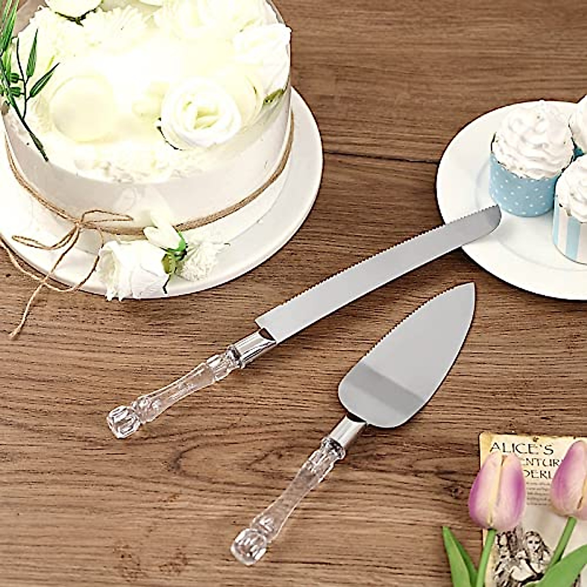 BalsaCircle Silver and Clear Cake Knife and Server Set with Crystal Handles - Wedding Reception Events Home Party Tableware Supplies