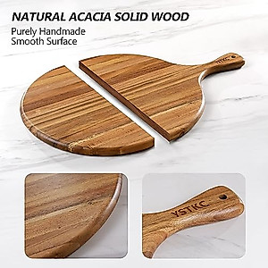 YSTKC Acacia Wood Round Cutting Board with Handle 16" x 12" Inch, Wooden Round Pizza Paddle, Cutting Serving Versatile Board for Kitchen Home Baking, Cheese, Fruits, Vegetables, Bread, Charcuterie
