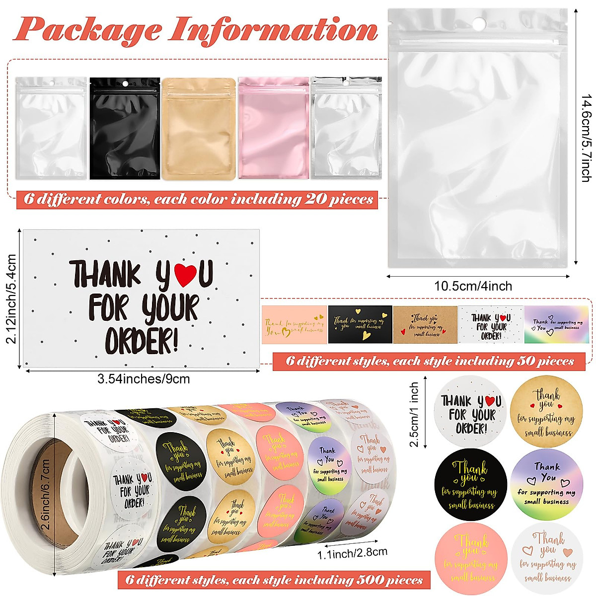 3420 Pcs Thank You Small Business Packaging Supplies Set Thank You Label Stickers Thank You for Supporting My Small Business Cards Resealable Packaging Bag Suitable for Packaging Small Business