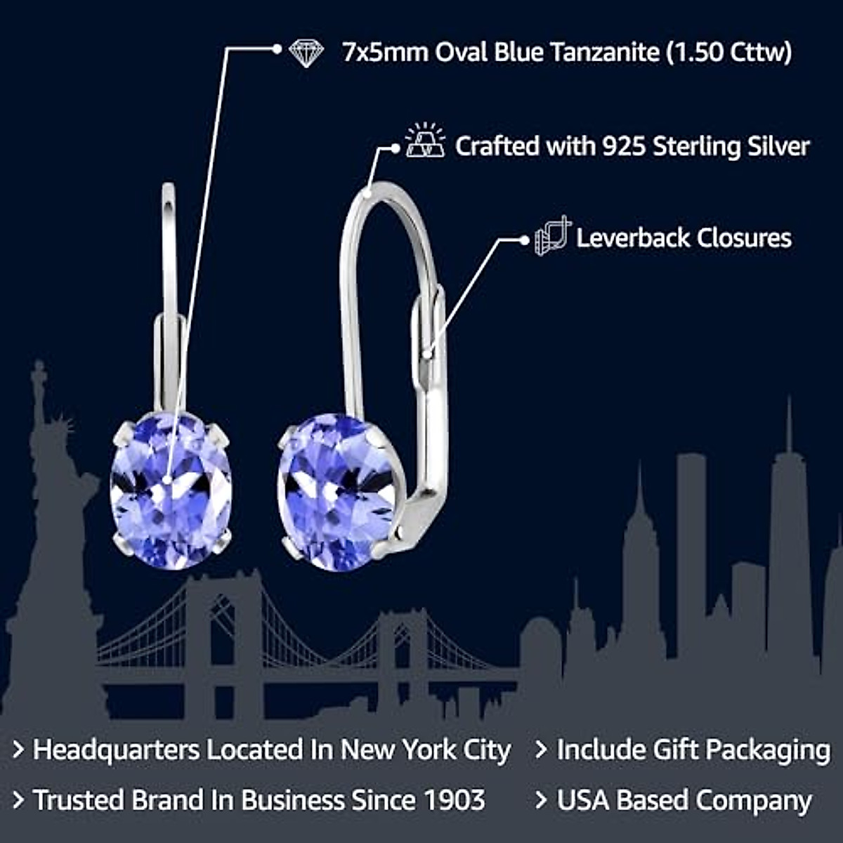Gem Stone King 925 Sterling Silver Blue Tanzanite Leverback Earrings For Women (1.50 Cttw, Gemstone Birthstone, Oval 7X5MM)