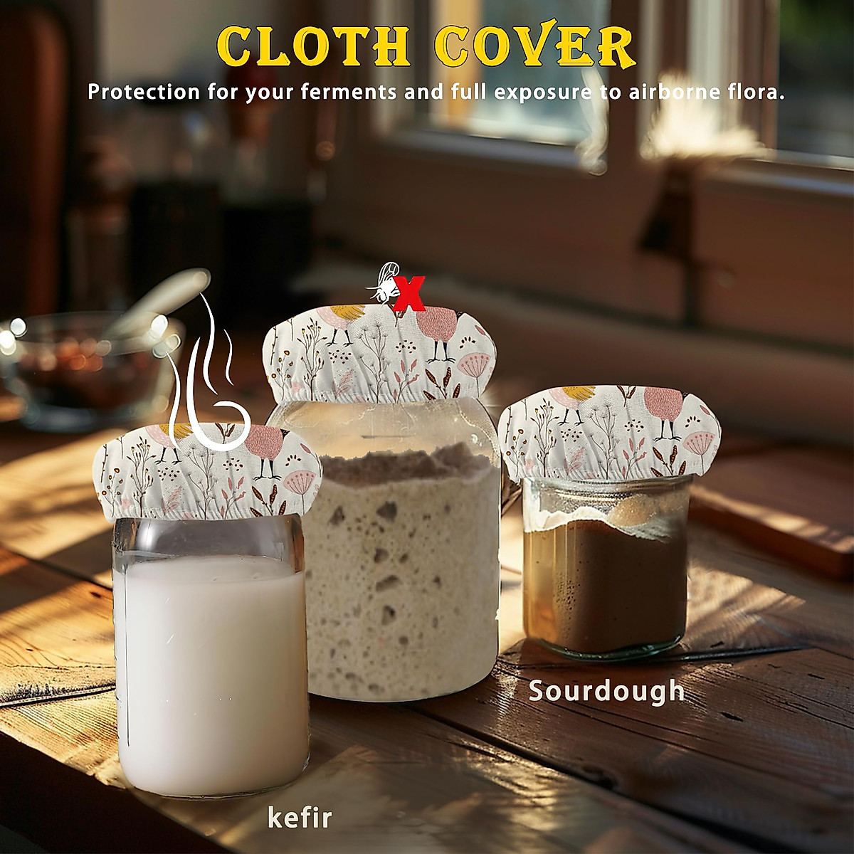 Rooster Floral 5- Pack Cloth Covers for Sourdough Starter Jar, Cloth Jar Covers Reusable Cloth Lid Top Cover Sourdough Proofing Bowl Cover Bread Fermentation Baking Supplies for 3-4 Inch Jar Mouth