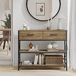 HITHOS Console Table with Outlets and USB Ports, Industrial Hallway Table with Storage 2 Drawers and Shelves, Narrow Long Sofa Entryway Table for Living Room, Rustic Brown