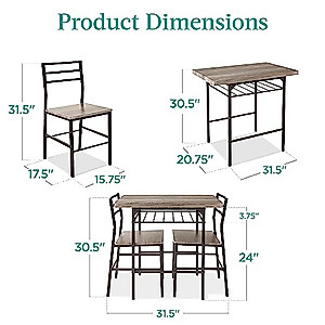 Best Choice Products 3-Piece Modern Dining Set, Space Saving Dinette for Kitchen, Dining Room, Small Space w/Steel Frame, Built-in Storage Rack - Gray