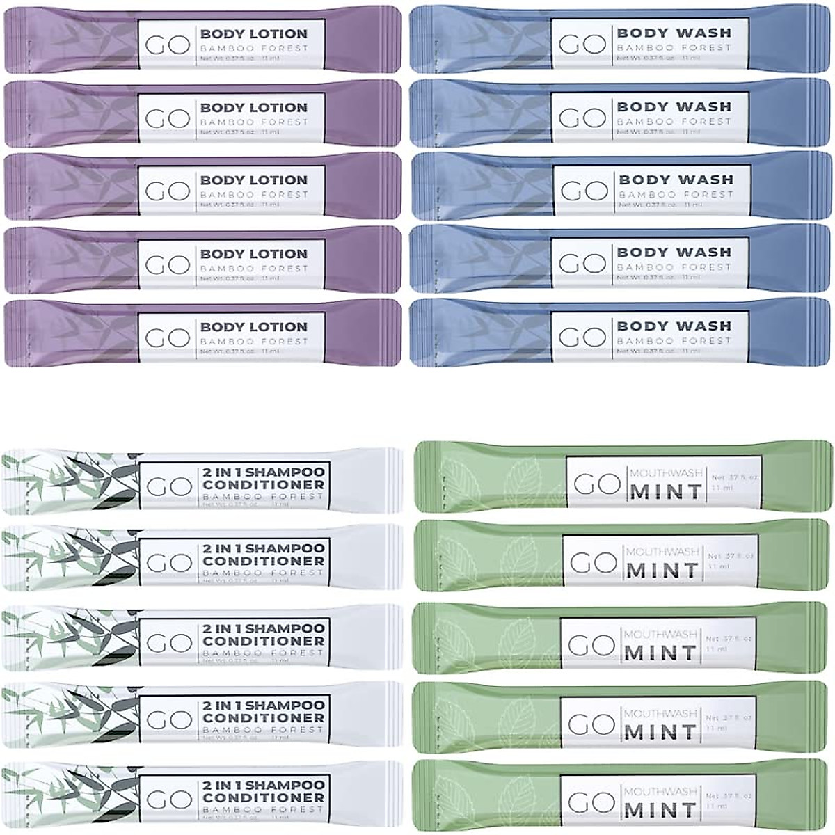 Go Essentials Travel 2 in 1 Shampoo/Conditioner 20 Unit Box Variety Pack (5 of each - shampoo/conditioner, lotion, mouthwash and body wash)