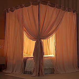 AIOOO 4 Corners Post Princess Curtain Bed Canopy Double Layer Cozy Mosquito Net Mesh and Cloth for Girls Adults Bedroom Decoration (Double-Beigepink/White, 53" W*78" L*82"*H/(Full))