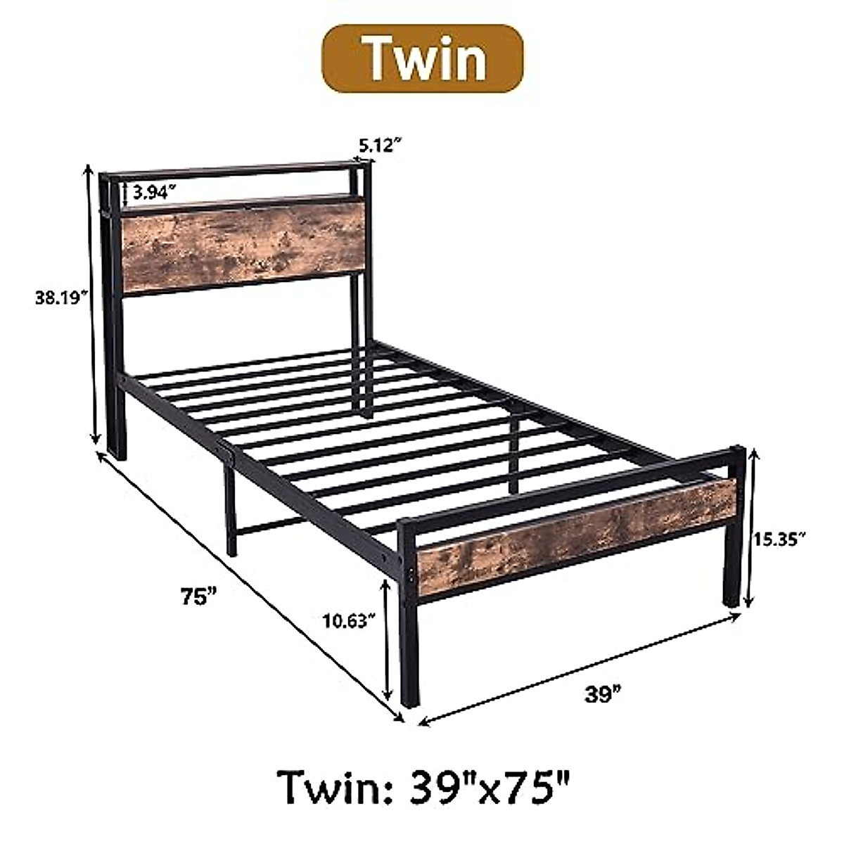 JUYETOA Twin Size Bed Frame with Wooden Headboard and Footboard, Strong Metal Slats Support for Mattress Foundation, No Box Spring Needed, Easy Assembly, Noise Free