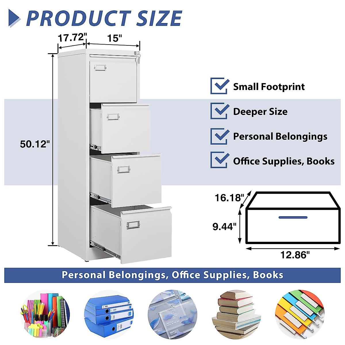 Anxxsu 4 Drawer File Cabinet, Filing Cabinets for Home Office, Metal Vertical File Storage Cabinet with Lock, Locking File Cabinet for A4 Legal/Letter, 15" W x 17.7" D x 50.1" H, Assembly Required