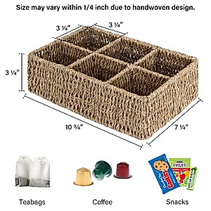 StorageWorks Tea Bag Organizers, Small Wicker Baskets with 6 Sections, Coffee and Tea Organizers for Coffee Bar, Shelves, Countertop, Seagrass Baskets for Organizing, 2Pack