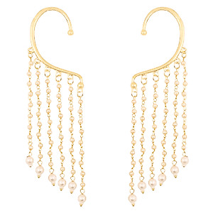 Touchstone Indian bollywood innovative ear shape lucrative look faux pearls hangings long bridal chandelier designer jewelry earrings for women in gold tone.
