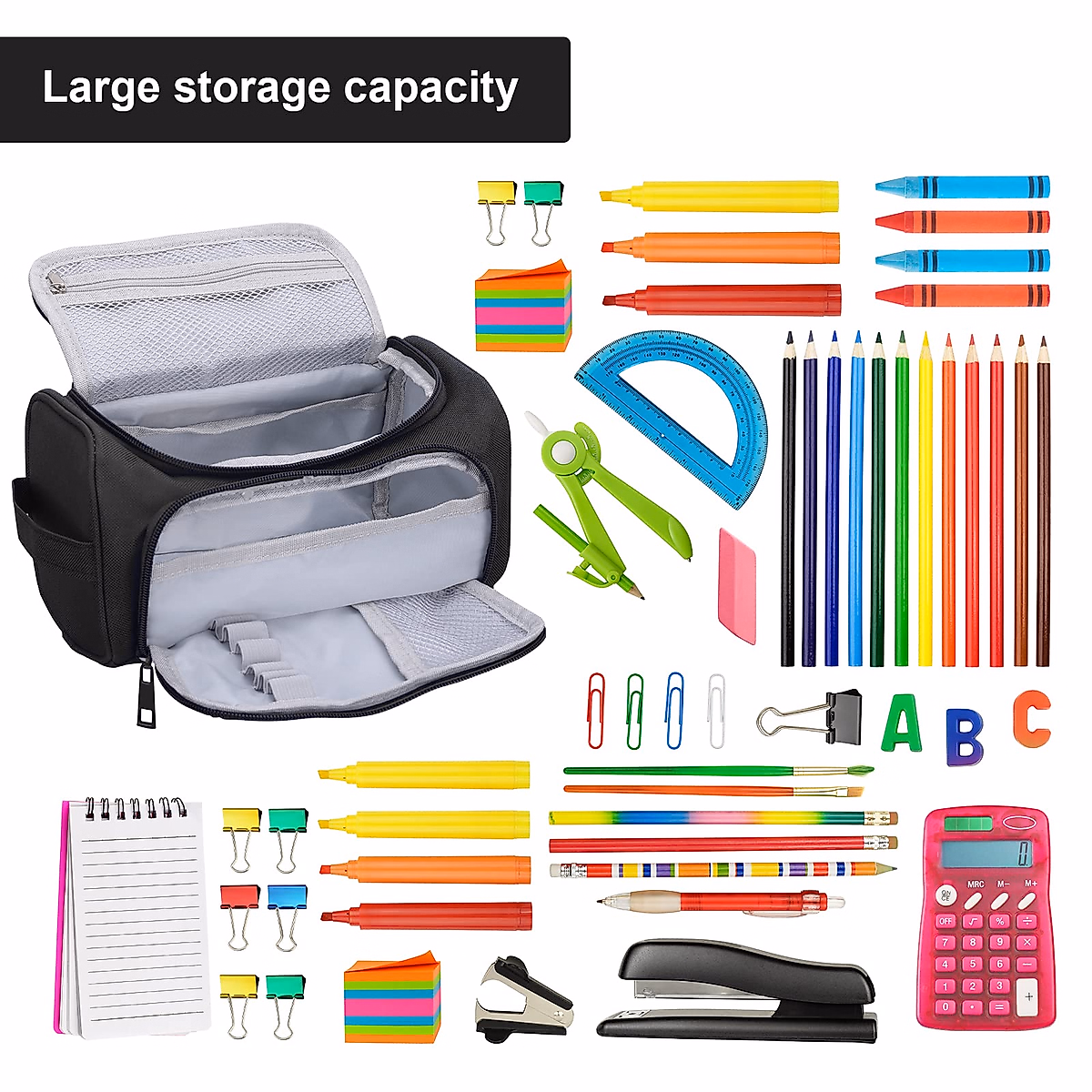 LABUK Pencil Case, Black Big Capacity Pencil Pouch, Stationery Bag School College Office Organizer for Teens Girls Men Women Adults Students Preppy