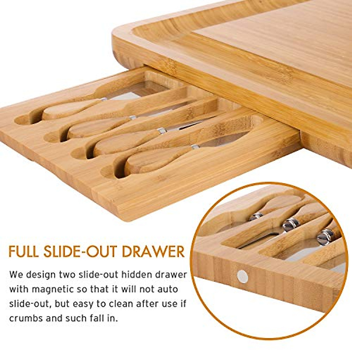 WoneNice Organic Large Bamboo Cheese Board and Knife Gift Set, 16x14 x 2 Charcuterie Board Set, Cheese Platter Wooden Serving Tray with Hidden Drawers, and 8 Stainless Steel Knives