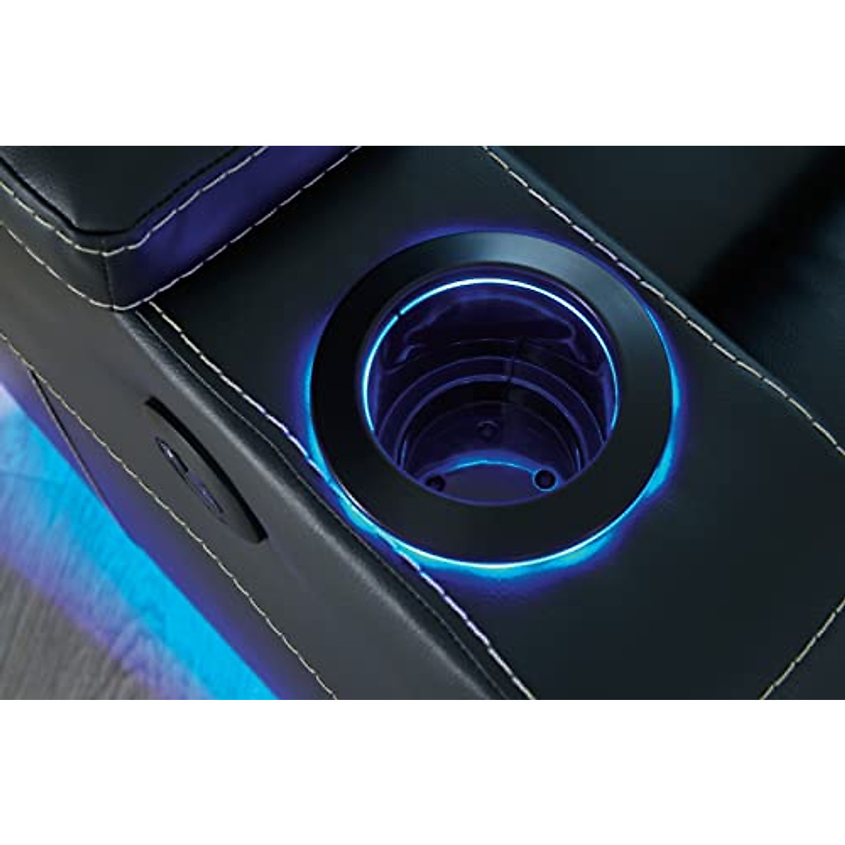 Signature Design by Ashley Center Point Contemporary Faux Leather Tufted Reclining Sofa with Drop Down Table, Black