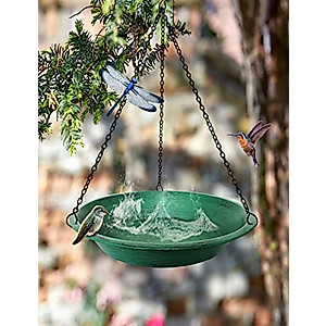 Keygift Hanging Bird Bath for Outdoor, Antique Green Metal Bird Feeder Birdbath Bowl with 17” Rust-Proof Black Chains for Garden Backyard Decor