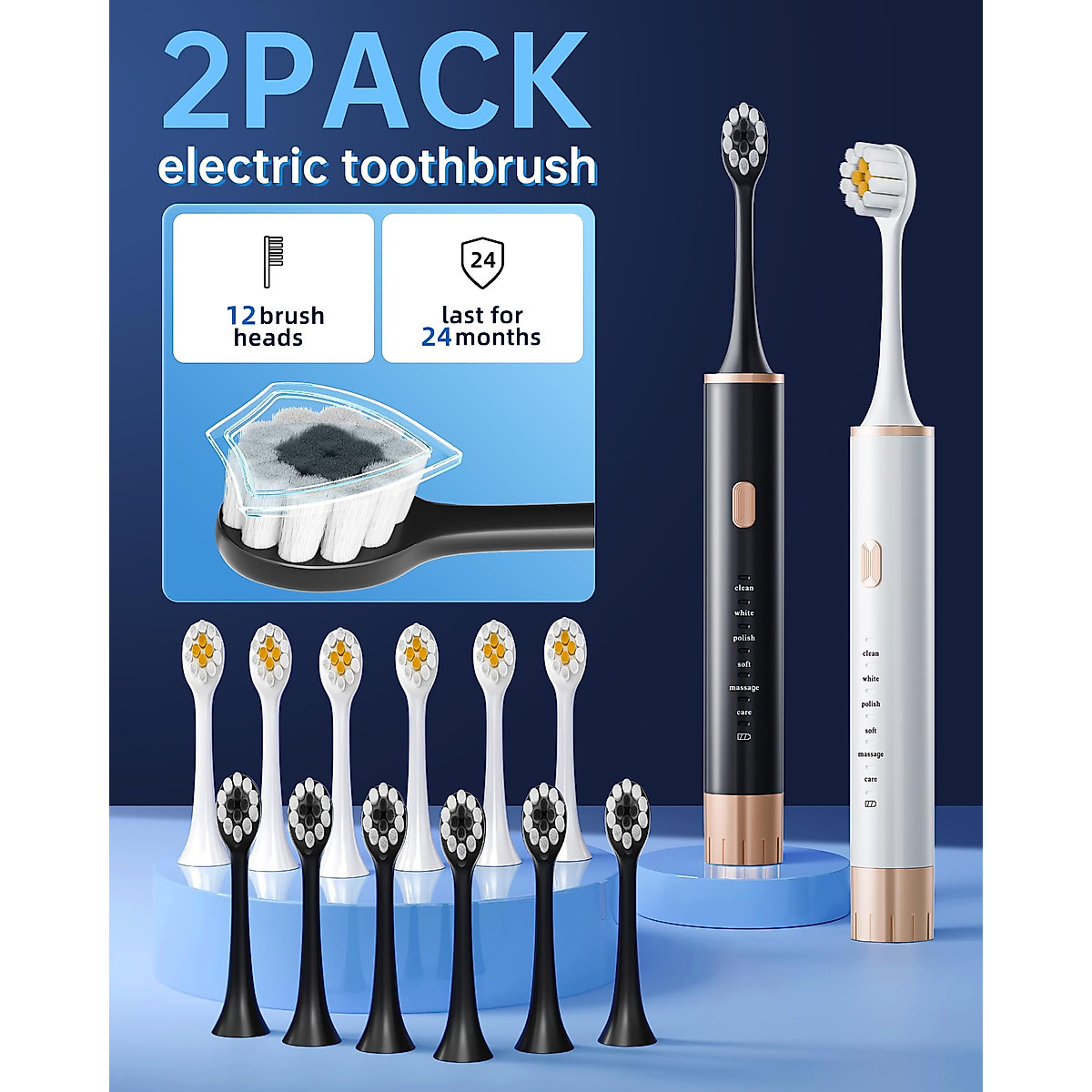 Aneebart Sonic Electric Toothbrush 2 Pack，Electric Toothbrush for Adults，Travel Electric Toothbrush Includes 12 Brush Heads，IPx8 Waterproof （Black & White ）