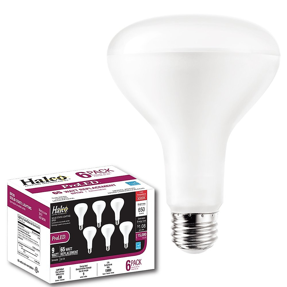 ProLED BR30FL9/830/ECO/LED/6 Lighting ECO 6-Pack 9W 3000K DIMMABLE Halco BR30 Contractor Series 6 Pack, 6 Count (Pack of 1), White, 6 Piece