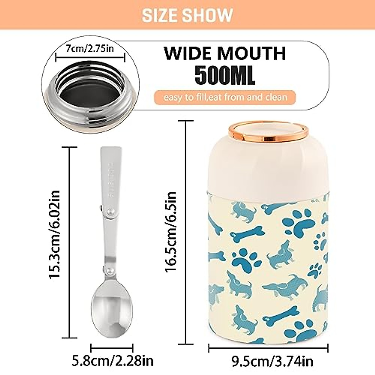 CUPADA Cute Dachshund Puppy Food Jar for Hot and Cold, Paw Prints Bones Insulated Food Jars Vacuum 17OZ with Folding Spoon for Work Trip Picnic Camping