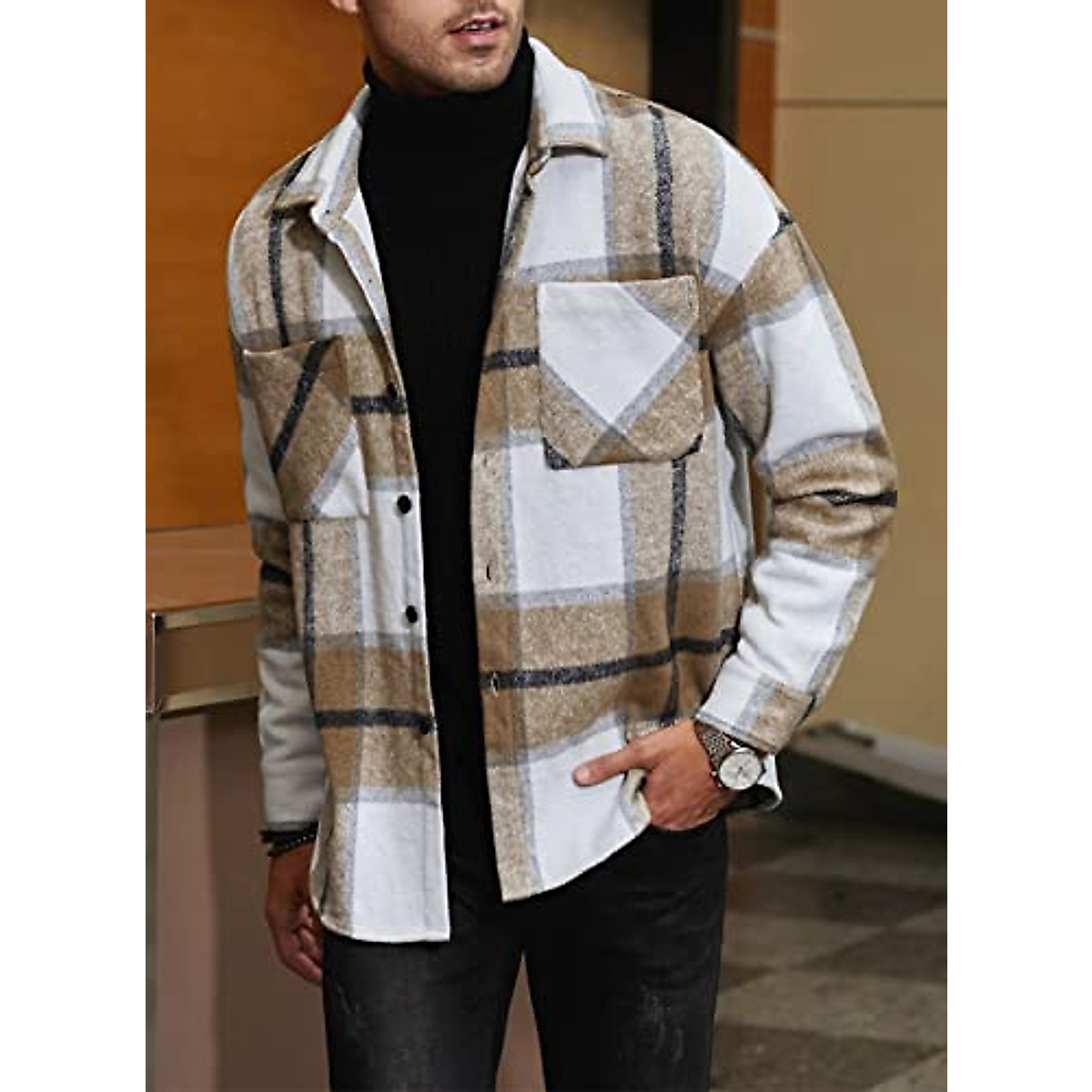 JMIERR Plaid Shacket Men Casual Button Down Shirts Long Sleeve Lightweight Classic Jackets Tops with Pockets,US 43(L),Brown