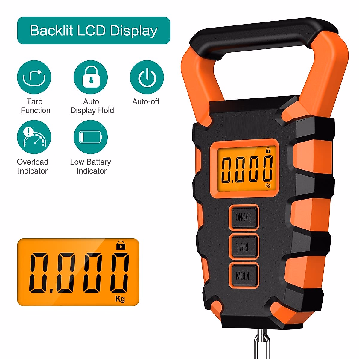ORIA Digital Fishing Scale with Ruler, Fishing Postal Hanging Hook Scale, 110lb/50kg Waterproof Luggage Scale with Measuring Tape, Luggage Hook, Backlit LCD Display, Orange