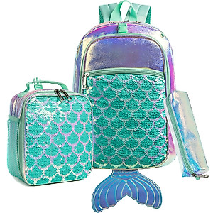 Backpack for Girls Mermaid Magic Sequin School Bag with Lunch Box Girls Backpack Set for Elementary Preschool Bookbag