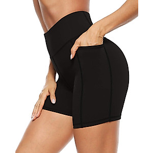 AFITNE Yoga Shorts for Women with Pockets High Waisted Printed Workout Athletic Running Shorts Biker Spandex Gym Fitness Leggings Black - M