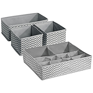 mDesign Fabric 4-Piece Drawer Organizer Bins, Kids/Baby Nursery Dresser, Closet, Shelf, Playroom Organization, Hold Clothes, Toys, Diapers, Bibs, Blankets, Gray/Cream Chevron