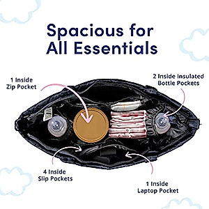 Great Travel Size Stylish Quilted Diaper Tote Bag, Gender Neutral Go Bag with Portable Changing Pad, Laptop Pocket, Shoulder Strap, and 2 Stroller Straps, Navy