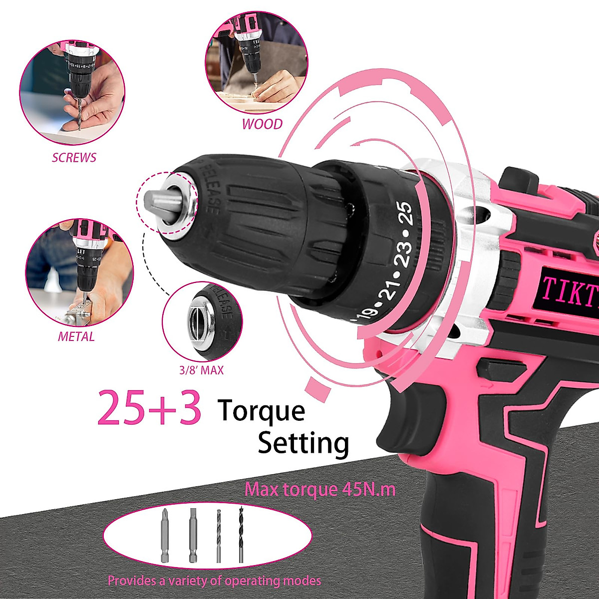 TIKTIK Pink Cordless Drill Set,21V Cordless Power Drill Tool Box with Battery and Charger,Torque 45N,3/8-Inch Keyless Chuck,25+3 Position and Drill Bits,Electric Screwdriver Driver Tool Kit for Women