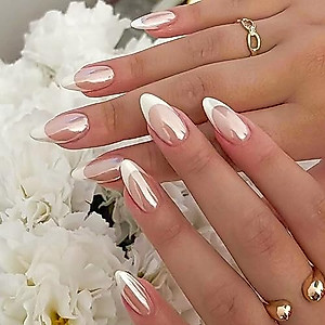 YOSOMK French Tip Press on Nails Almond Medium Fake Nails with Chrome Designs Glossy Nude False Nails Mirror Glue on Acrylic Nails for Women